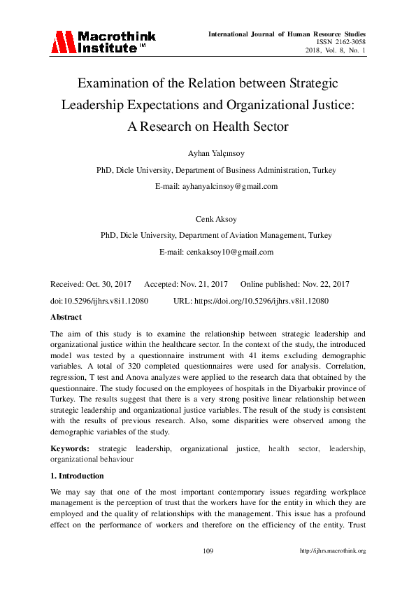 (PDF) Examination of the Relation between Strategic Leadership Expectations and Organizational ...