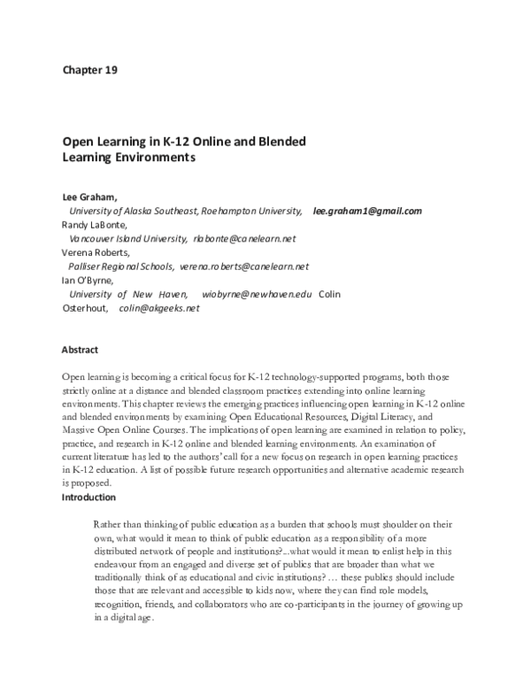 (PDF) Open Learning in K-12 Online and Blended Learning Environments