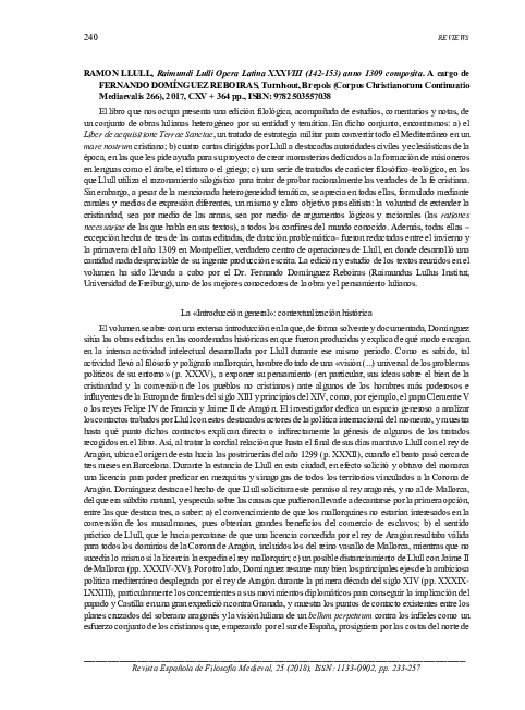 (PDF) Reseña de RAMON LLULL, Raimundi Lulli Opera Latina XXXVIII (142 ...