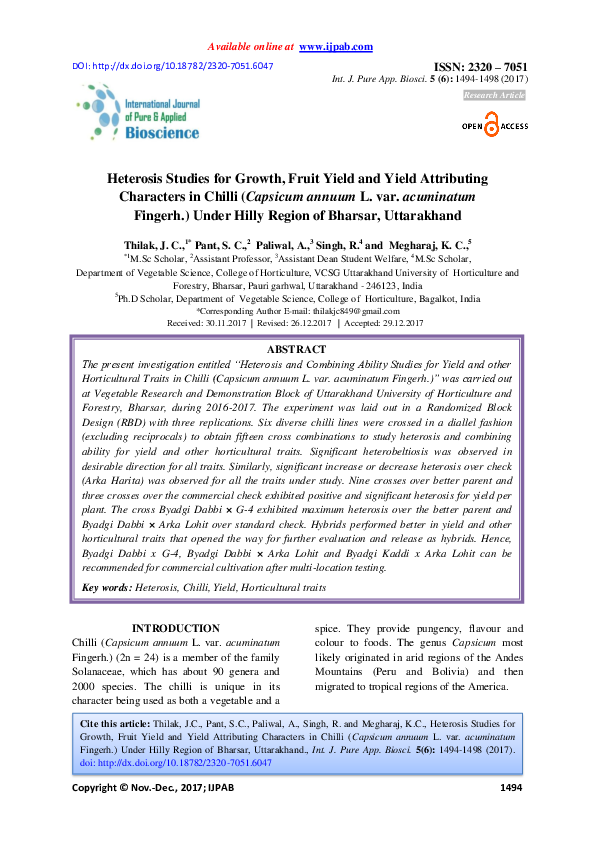 (PDF) Heterosis studies for growth, fruit yield and yield attributing characters in chilli ...