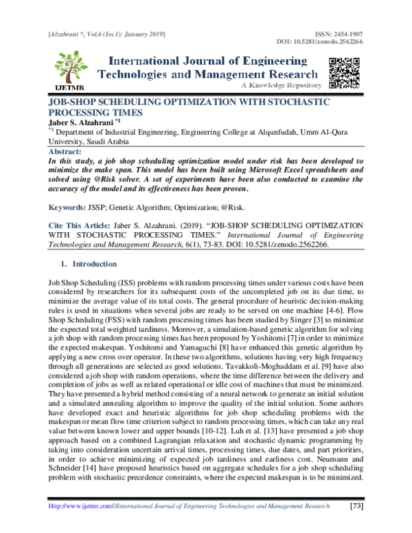 Pdf Job Shop Scheduling Optimization With Stochastic Processing Times