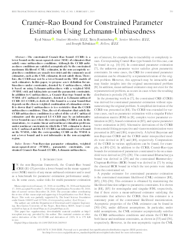 (PDF) Cramer–Rao Bound for Constrained Parameter Estimation Using Lehmann-Unbiasedness.pdf