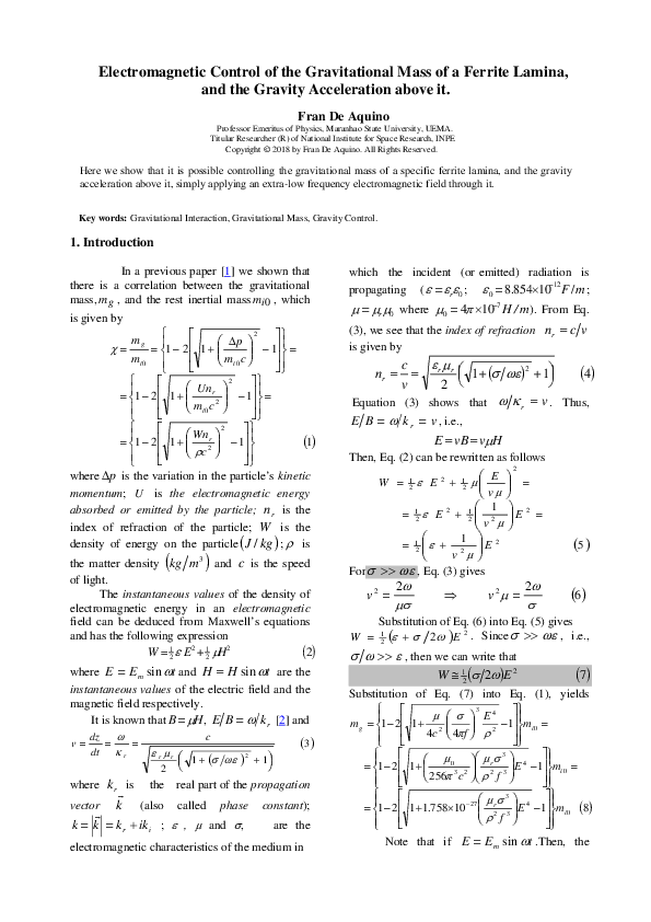 (PDF) Electromagnetic Control of the Gravitational Mass of a Ferrite ...