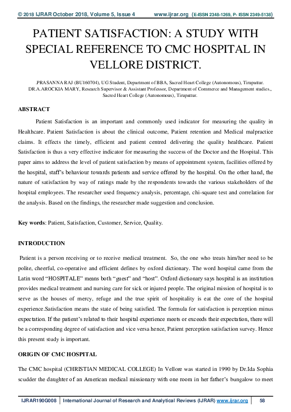 (PDF) PATIENT SATISFACTION: A STUDY WITH SPECIAL REFERENCE TO CMC ...