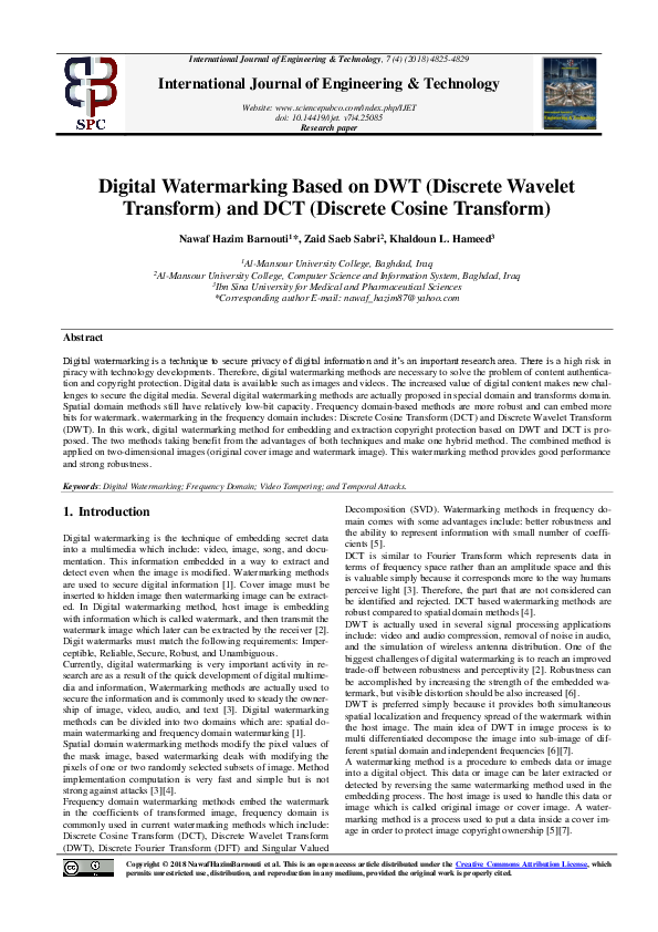 (PDF) Digital Watermarking Based on DWT (Discrete Wavelet Transform) and DCT (Discrete Cosine ...
