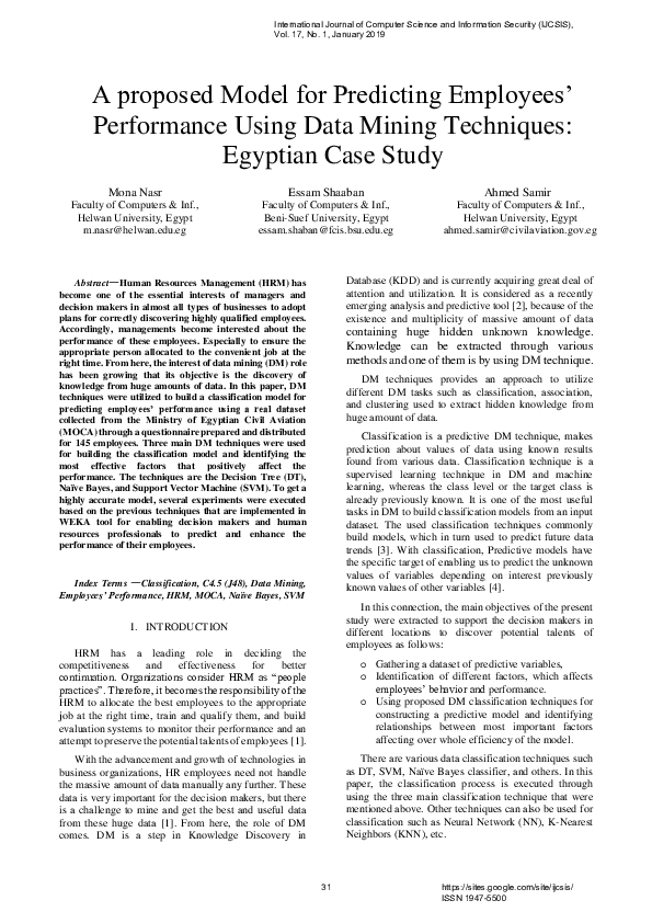 (PDF) A Proposed Model for Predicting Employees’ Performance Using Data Mining Techniques ...