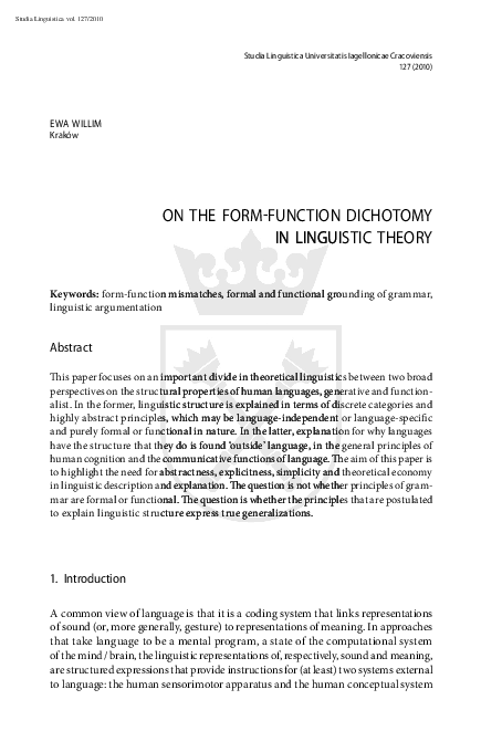 (PDF) On the form-function dichotomy in linguistic theory | ewa willim ...