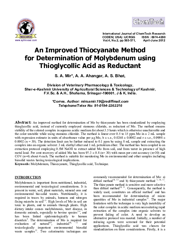 (PDF) An Improved Thiocyanate Method for Determination of Molybdenum ...