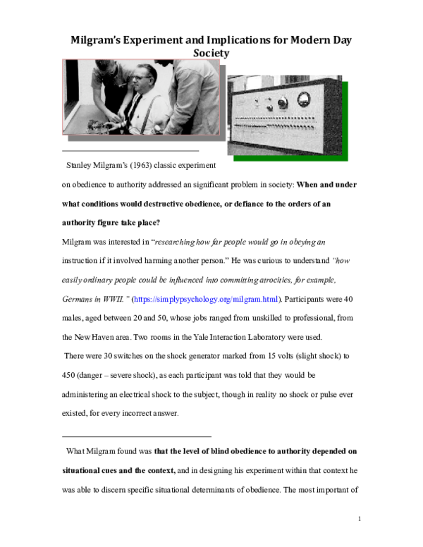 (DOC) Milgram’s Experiment and Implications for Modern Day Society