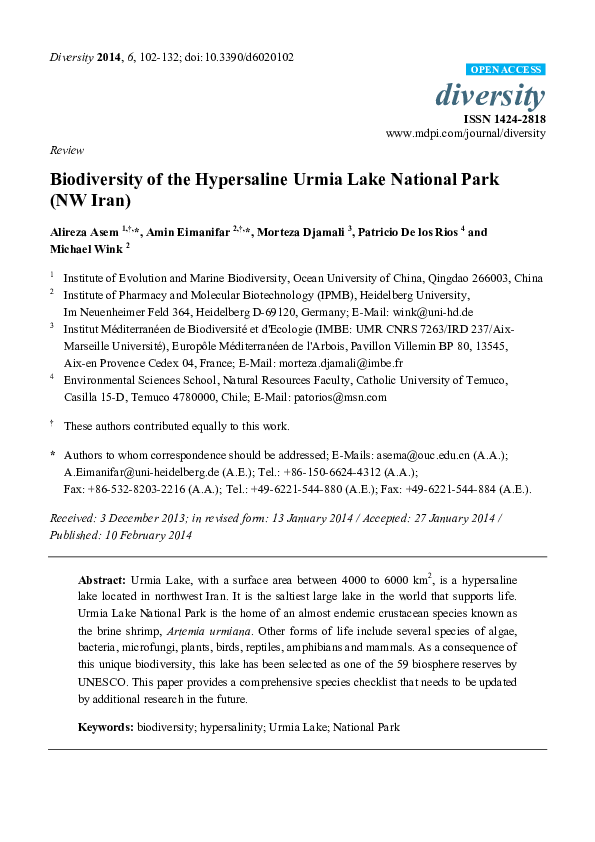 (PDF) Biodiversity of the Hypersaline Urmia Lake National Park (NW Iran)