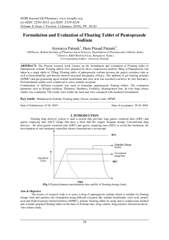 Pdf Formulation And Evaluation Of Floating Tablet Of Pantoprazole Sodium