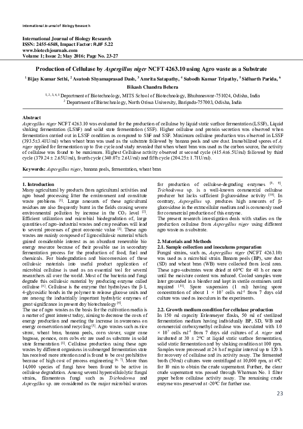 (PDF) Production of Cellulase by Aspergillus niger NCFT 4263.10 using Agro waste as a Substrate