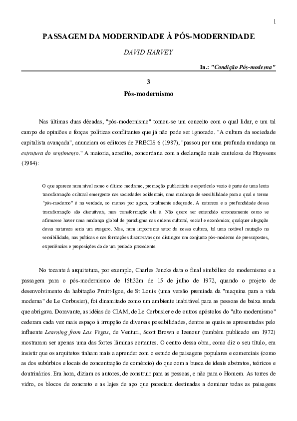 (PDF) PASSAGEM DA MODERNIDADE À PÓS-MODERNIDADE