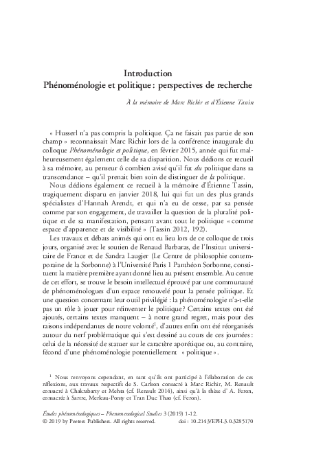 (PDF) Phénoménologie et politique : perspectives de recherche