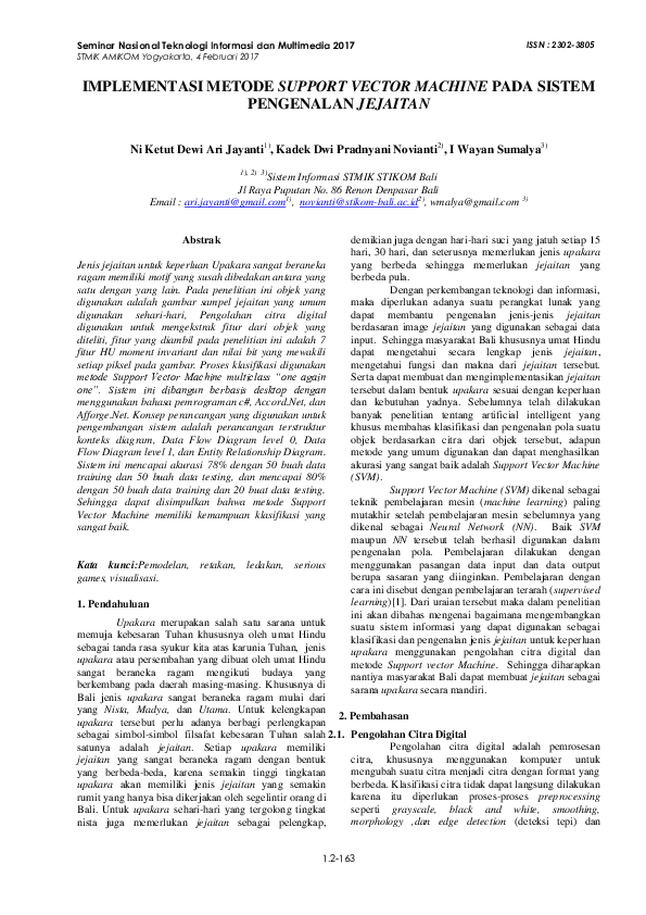 (PDF) IMPLEMENTASI METODE SUPPORT VECTOR MACHINE PADA SISTEM PENGENALAN JEJAITAN