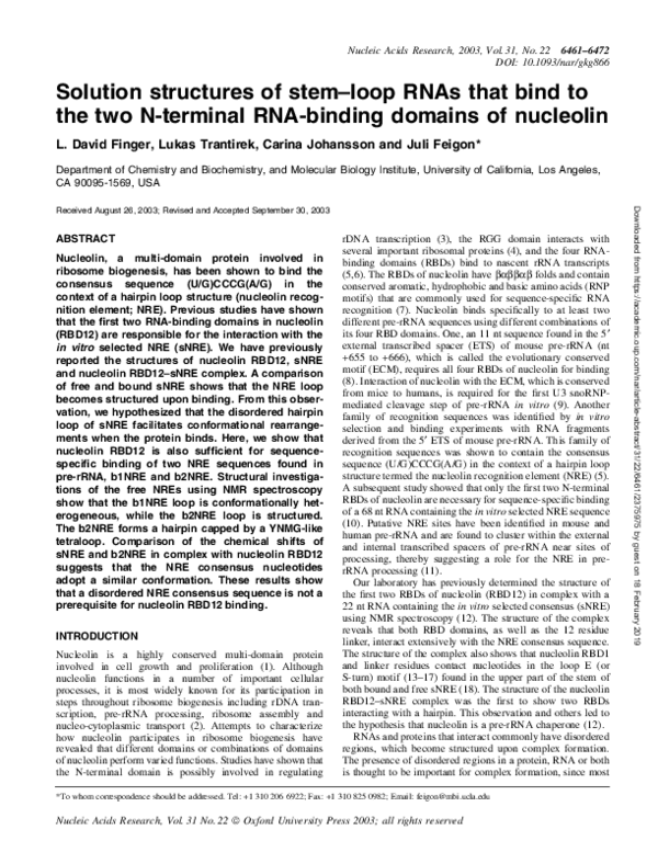 Pdf Solution Structures Of Stem Loop Rnas That Bind To The Two N