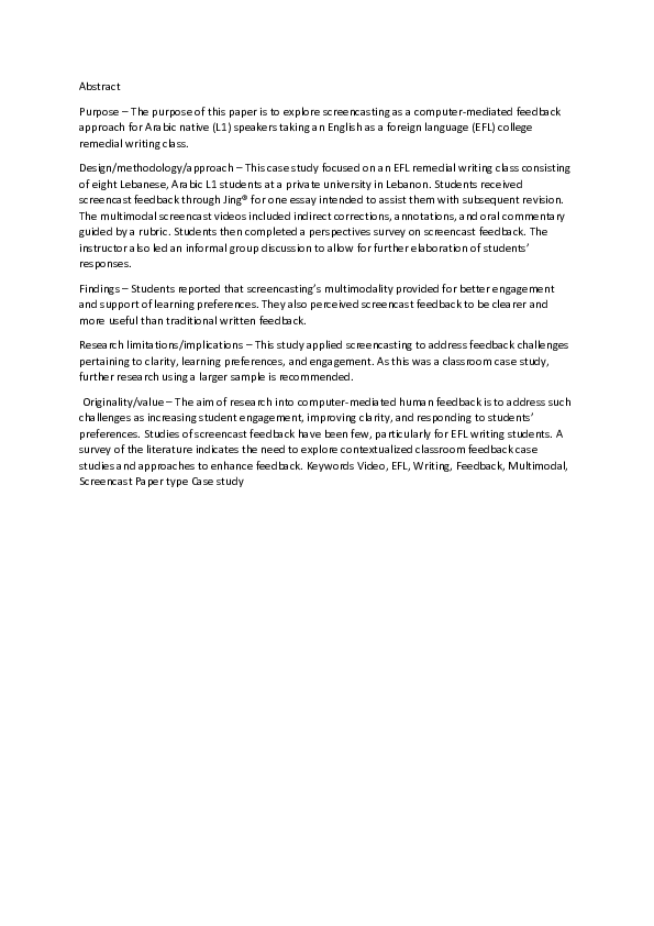 (DOC) Screencasting: supportive feedback for EFL remedial writing students