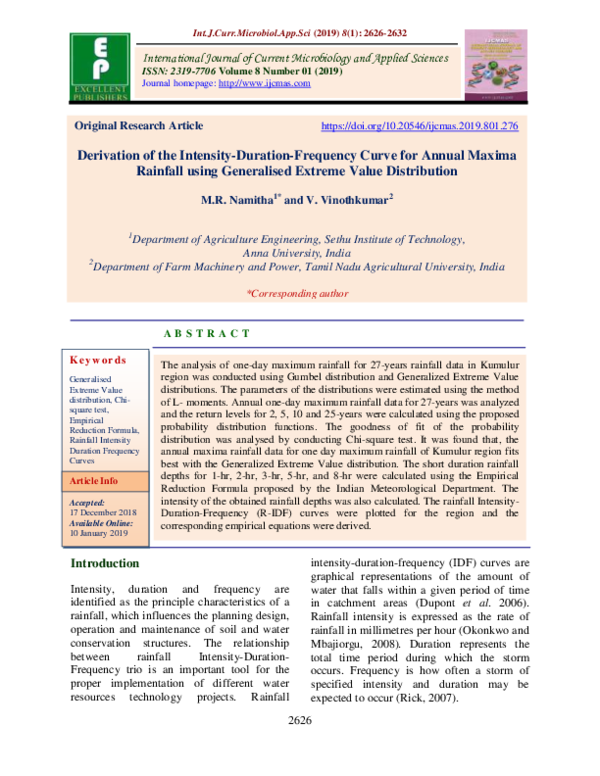Pdf Derivation Of The Intensity Duration Frequency Curve For Annual Maxima Rainfall Using