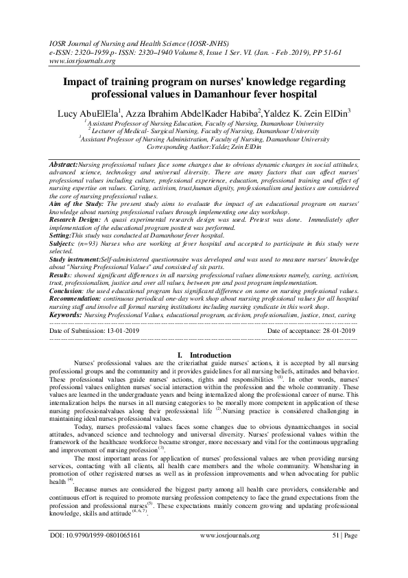 (PDF) Impact of training program on nurses' knowledge regarding professional values in Damanhour ...