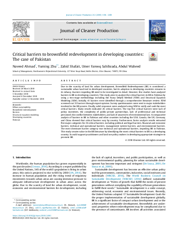 (PDF) Critical barriers to brownﬁeld redevelopment in developing ...
