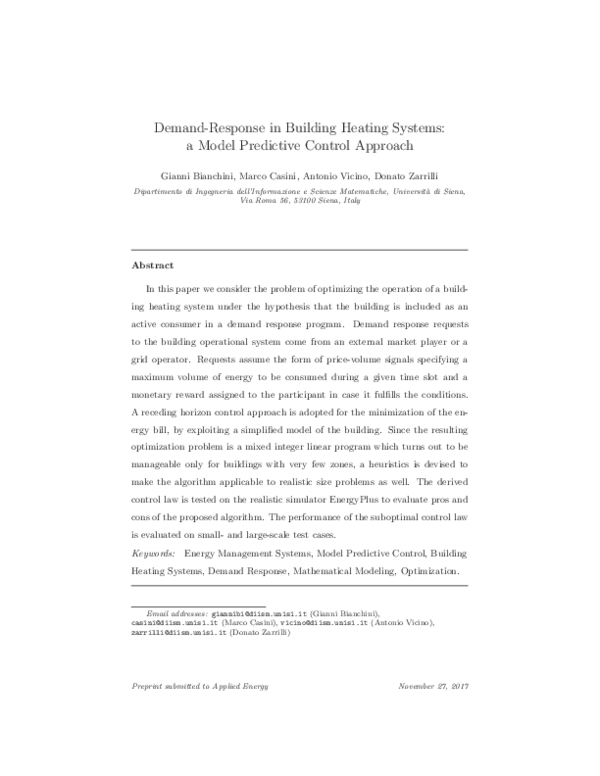 Pdf Demand Response In Building Heating Systems A Model Predictive Control Approach