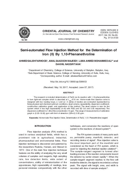 Pdf Semi Automated Flow Injection Method For The Determination Of Iron Ii By 1 10