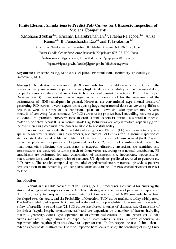 (PDF) Finite Element Simulations to Predict Probability of Detection (PoD) Curves for Ultrasonic ...
