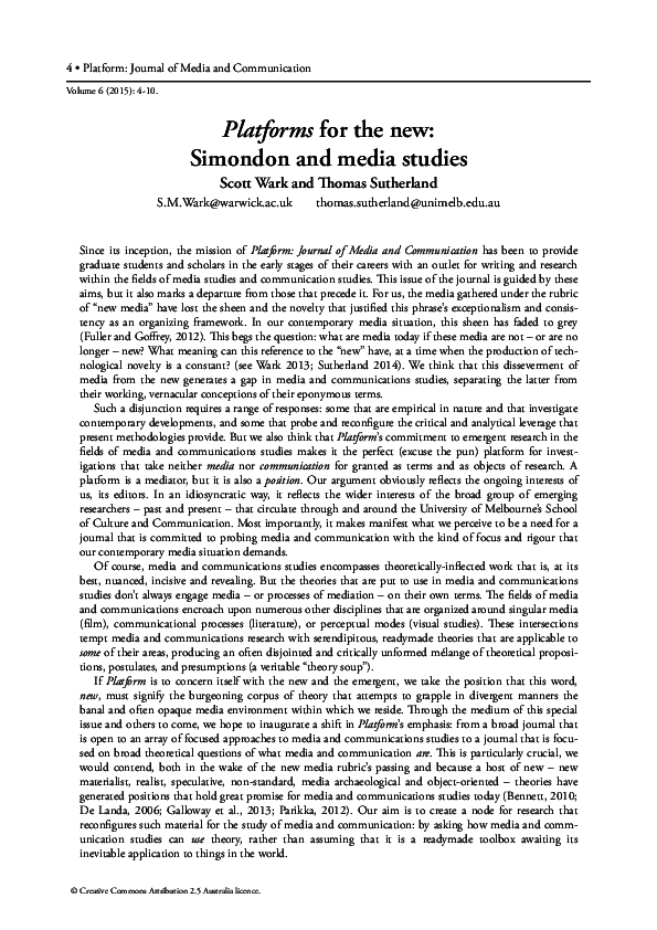 (PDF) Platforms for the New: Simondon and Media Studies (w. Thomas Sutherland)