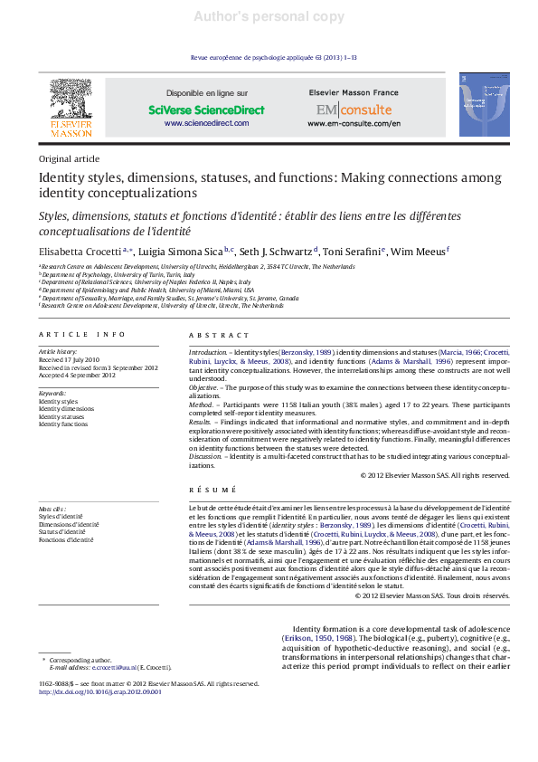 (PDF) Identity styles, dimensions, statuses, and functions - connecting ...