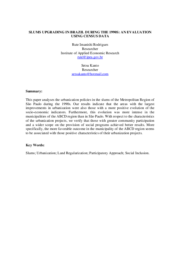 (PDF) Slums Upgrading in Brazil During the 1990S: An Evaluation Using ...