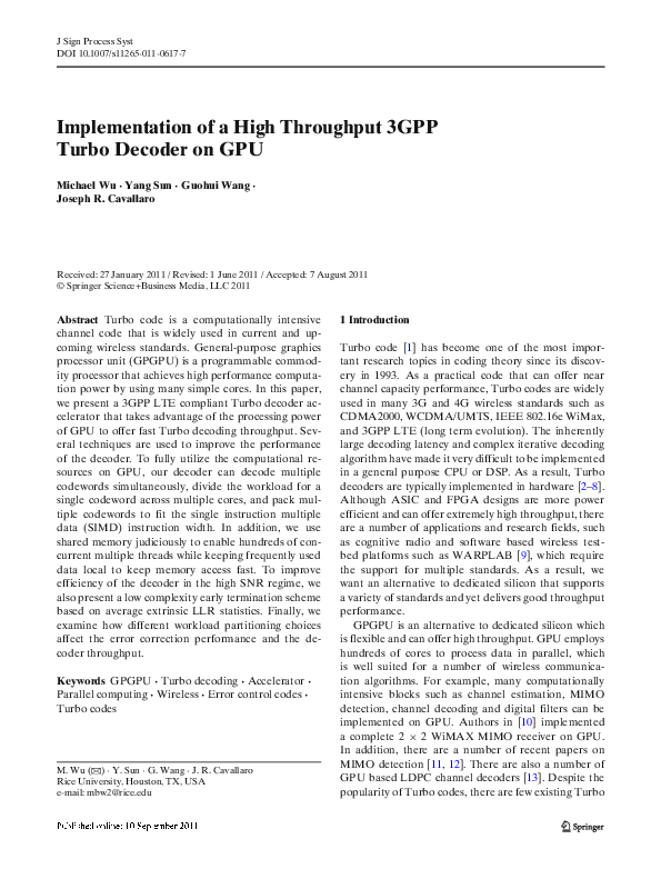 Pdf Implementation Of A High Throughput 3gpp Turbo Decoder On Gpu