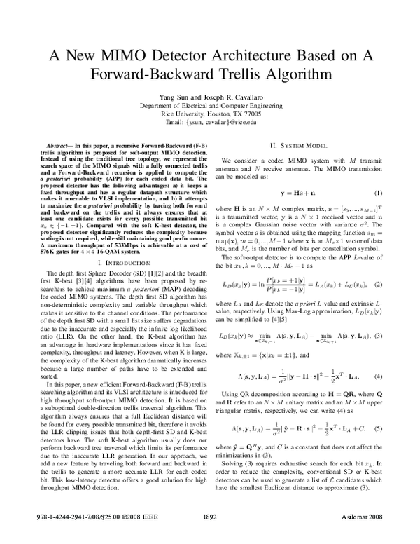 Pdf A New Mimo Detector Architecture Based On A Forward Backward Trellis Algorithm