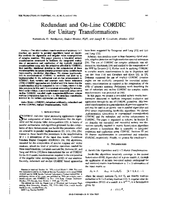 (PDF) Redundant and on-line CORDIC for unitary transformations
