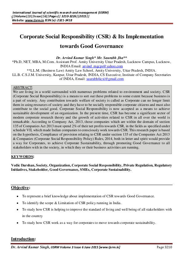 (PDF) Corporate Social Responsibility(CSR) & Its Implementation towards ...