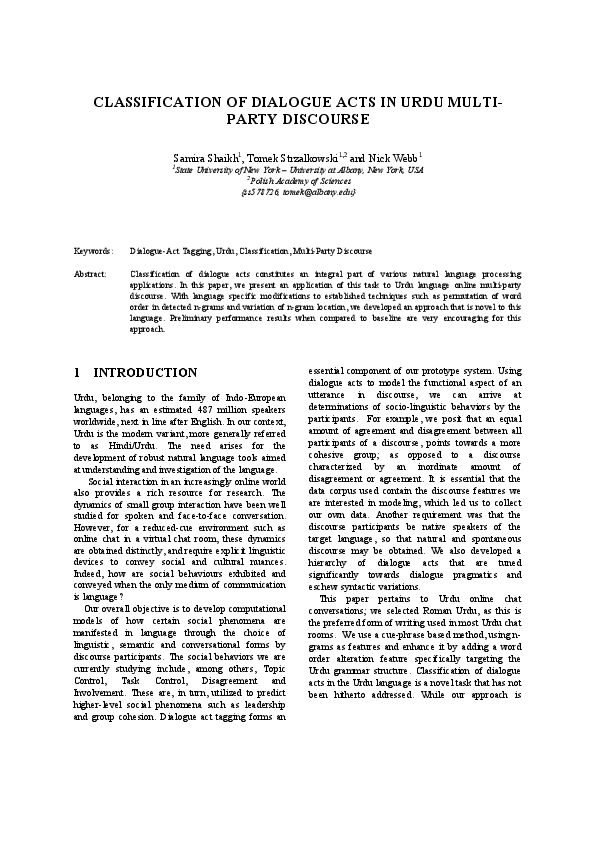 (PDF) Classification of Dialogue Acts in Urdu Multi-party Discourse