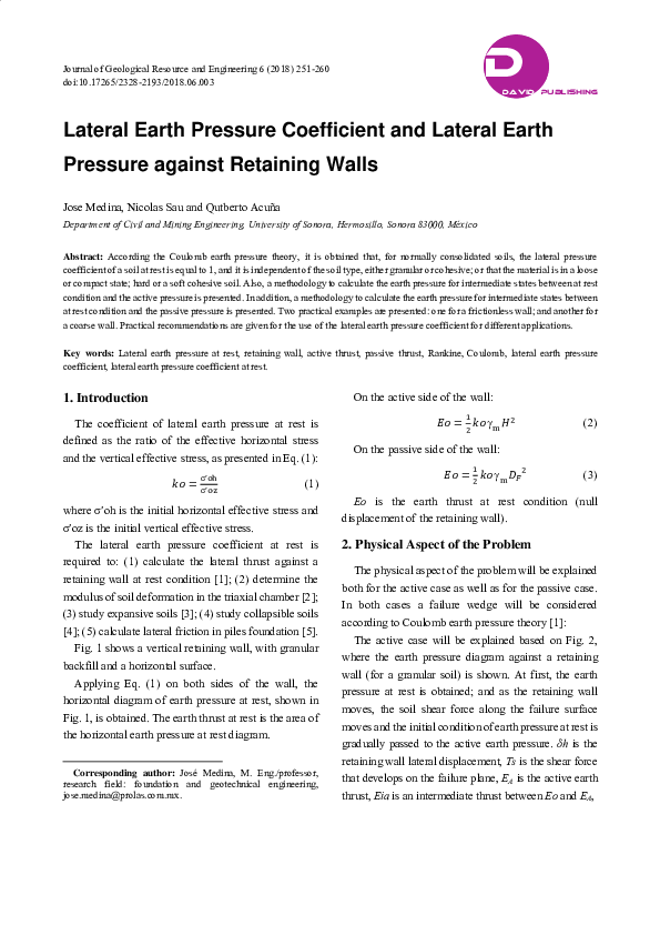 (PDF) Lateral Earth Pressure Coefficient and Lateral Earth Pressure ...