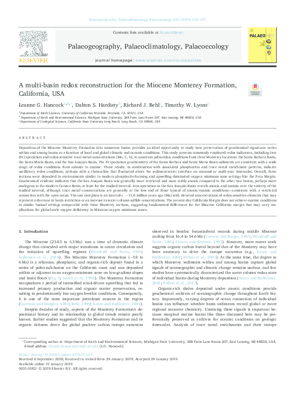 (PDF) A multi-basin redox reconstruction for the Miocene Monterey ...
