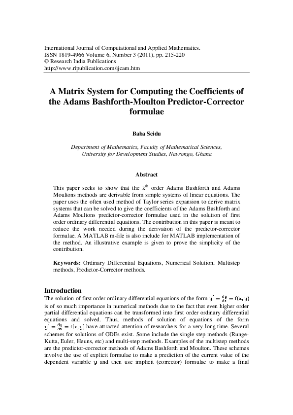 Pdf A Matrix System For Computing The Coefficients Of The Adams