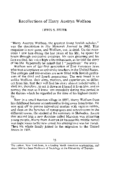 (PDF) Lewis S. Feuer, “Recollections of Harry Austryn Wolfson ...