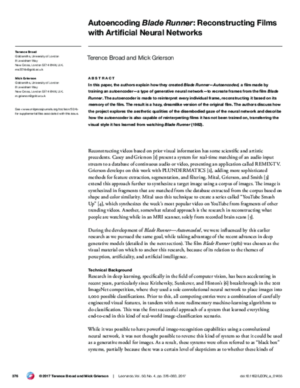 (PDF) Autoencoding Blade Runner: Reconstructing Films With Artificial Neural Networks