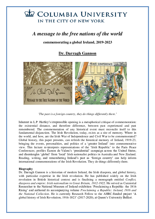 (PDF) Columbia University A lecture delivered by Dr. Darragh Gannon 'A ...