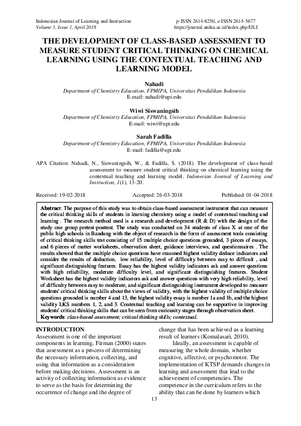 (PDF) THE DEVELOPMENT OF CLASS-BASED ASSESSMENT TO MEASURE STUDENT ...
