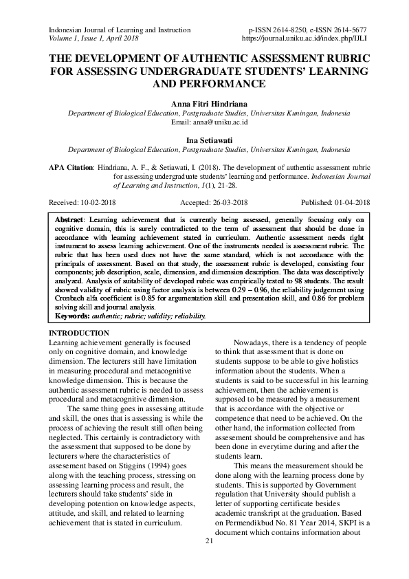 (PDF) THE DEVELOPMENT OF AUTHENTIC ASSESSMENT RUBRIC FOR ASSESSING ...