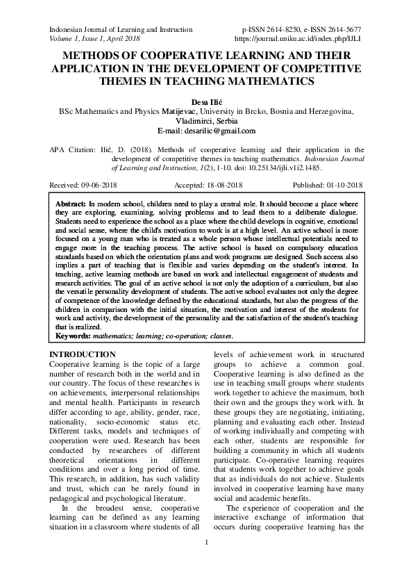 (PDF) METHODS OF COOPERATIVE LEARNING AND THEIR APPLICATION IN THE ...