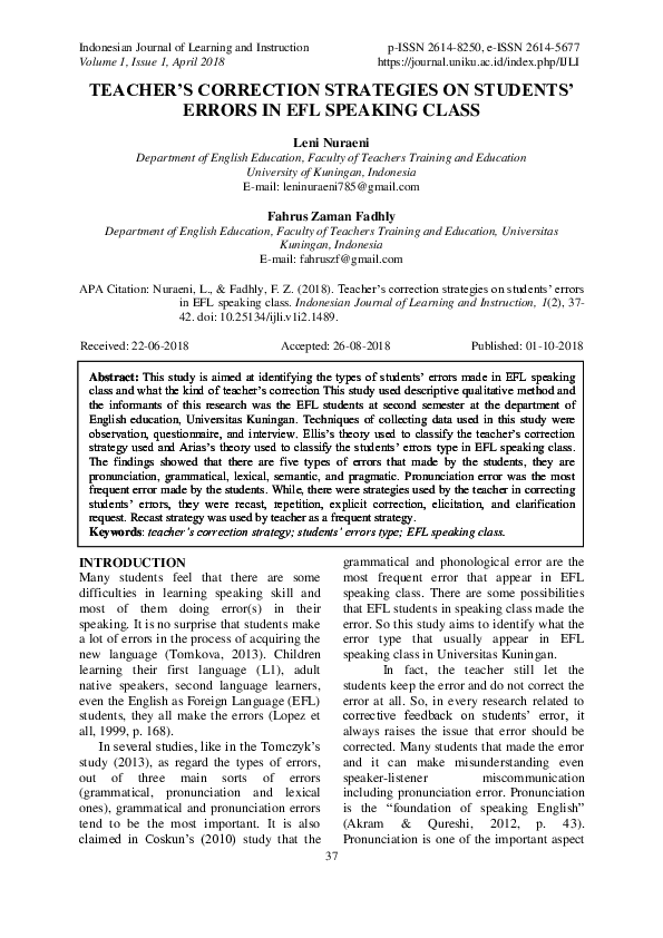 (PDF) TEACHER’S CORRECTION STRATEGIES ON STUDENTS’ ERRORS IN EFL SPEAKING CLASS