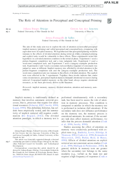 (PDF) The role of attention in perceptual and conceptual priming