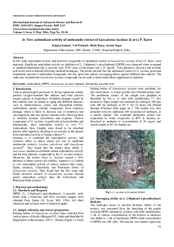 Pdf In Vitro Antioxidant Activity Of Methanolic Extract Of Ganoderma