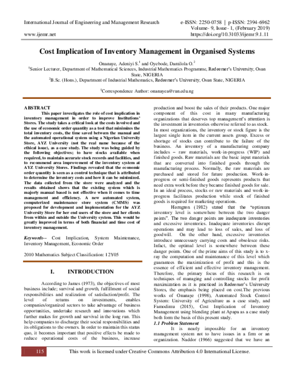 (PDF) Cost Implication of Inventory Management in Organised Systems