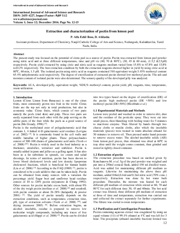 Pdf Extraction And Characterization Of Pectin From Lemon Peel Pubs