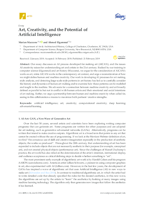 (PDF) Art, Creativity and the Potential of Artificial Intelligence